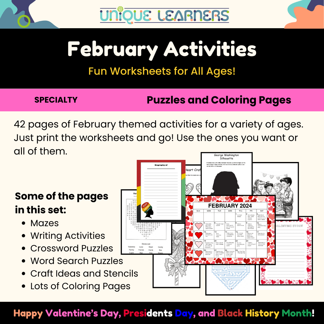February Activities Calendar and Printables - Unique Learners